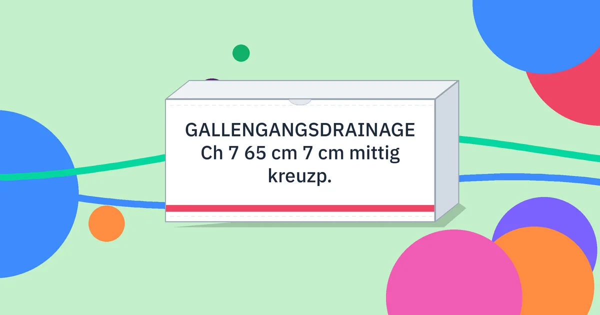 Symbolbild: Packung mit der Aufschrift GALLENGANGSDRAINAGE Ch 7 65 cm 7 cm mittig kreuzp. (PZN 17489548) – Verfügbarkeit und Bezug in Apotheken in Frankfurt am Main