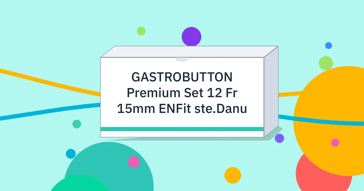 Symbolbild: Packung mit der Aufschrift GASTROBUTTON Premium Set 12 Fr 15mm ENFit ste.Danu (PZN 16883243) – Verfügbarkeit und Bezug in Apotheken in Frankfurt am Main