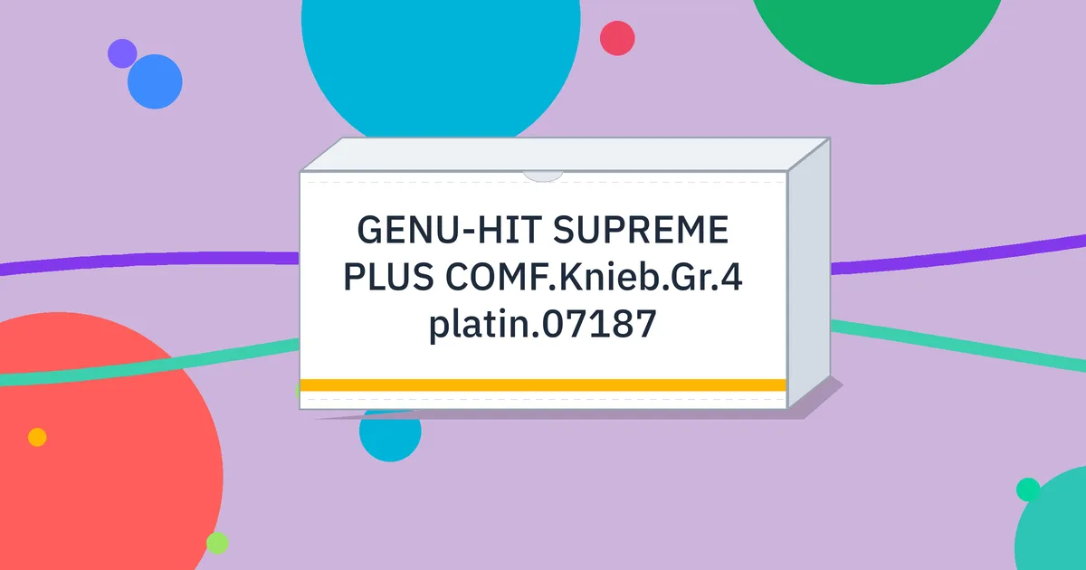 Symbolbild: Packung mit der Aufschrift GENU-HIT SUPREME PLUS COMF.Knieb.Gr.4 platin.07187 (PZN 18181410) – Verfügbarkeit und Bezug in Apotheken in Frankfurt am Main