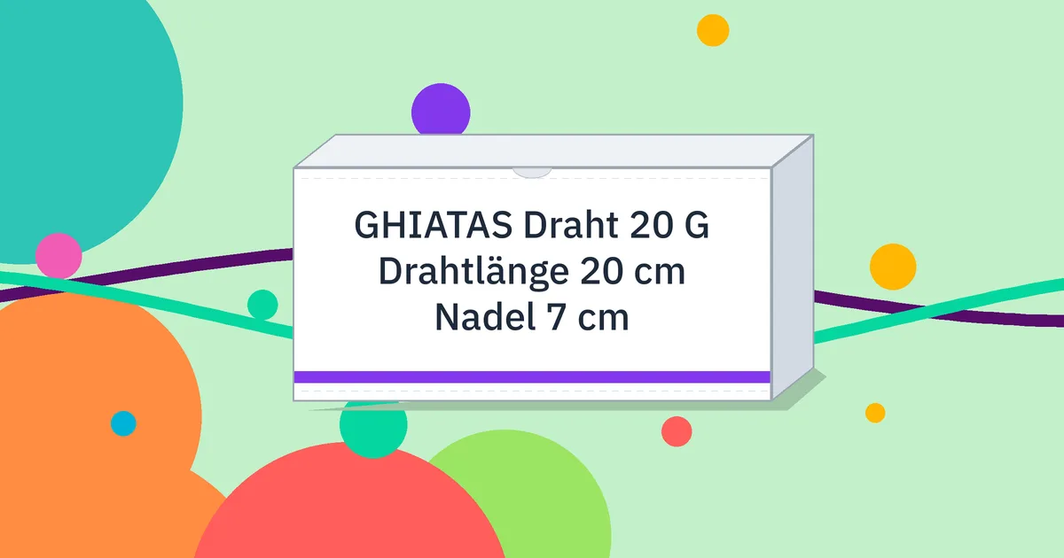 Symbolbild: Packung mit der Aufschrift GHIATAS Draht 20 G Drahtlänge 20 cm Nadel 7 cm (PZN 03566133) – Verfügbarkeit und Bezug in Apotheken in Frankfurt am Main