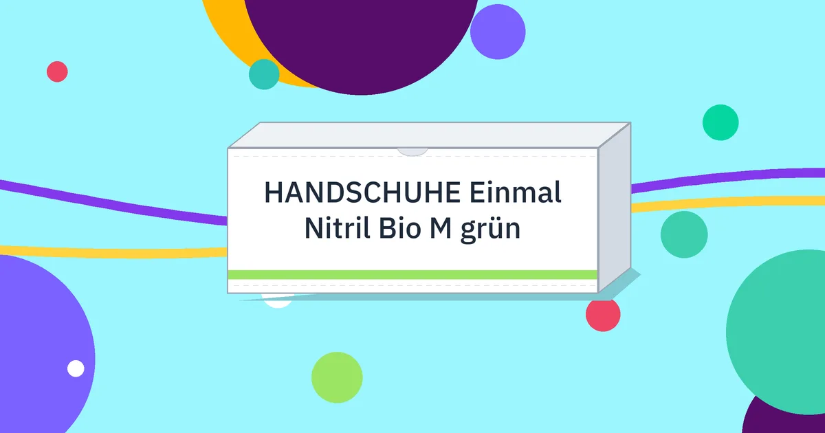 Symbolbild: Packung mit der Aufschrift HANDSCHUHE Einmal Nitril Bio M grün (PZN 19181027) – Verfügbarkeit und Bezug in Apotheken in Frankfurt am Main