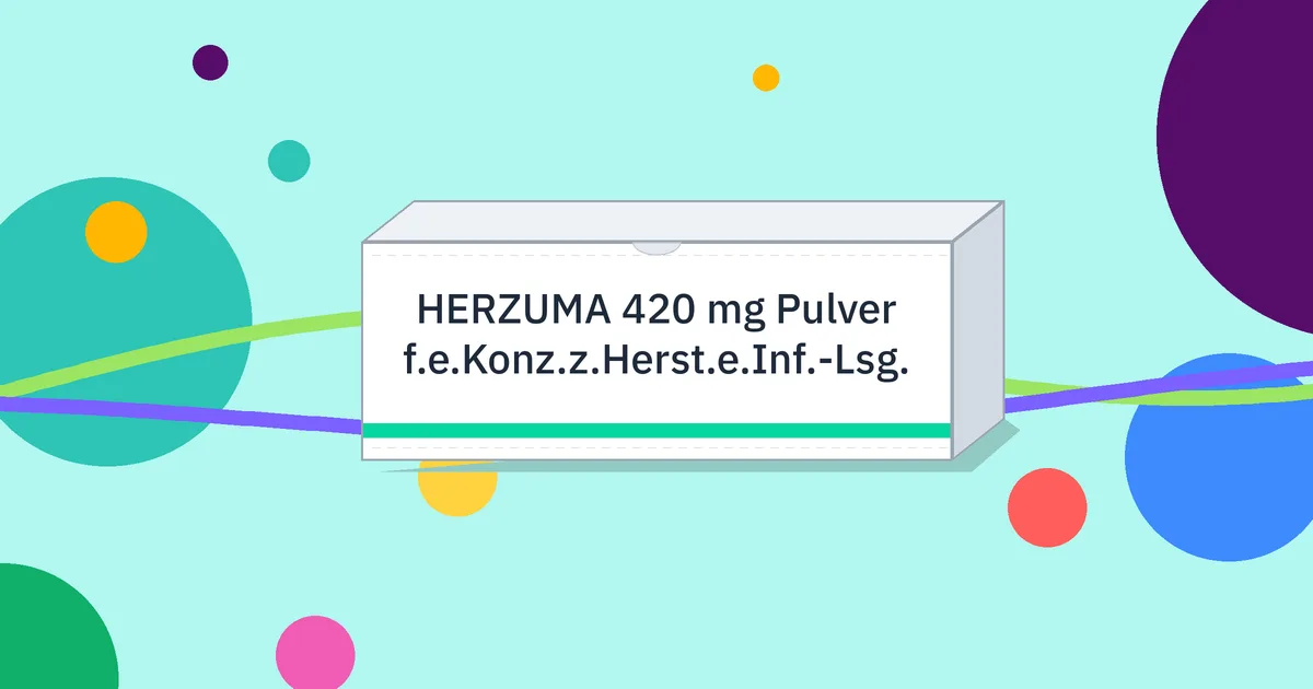 Symbolbild: Packung mit der Aufschrift HERZUMA 420 mg Pulver f.e.Konz.z.Herst.e.Inf.-Lsg. (PZN 16596897) – Verfügbarkeit und Bezug in Apotheken in Frankfurt am Main