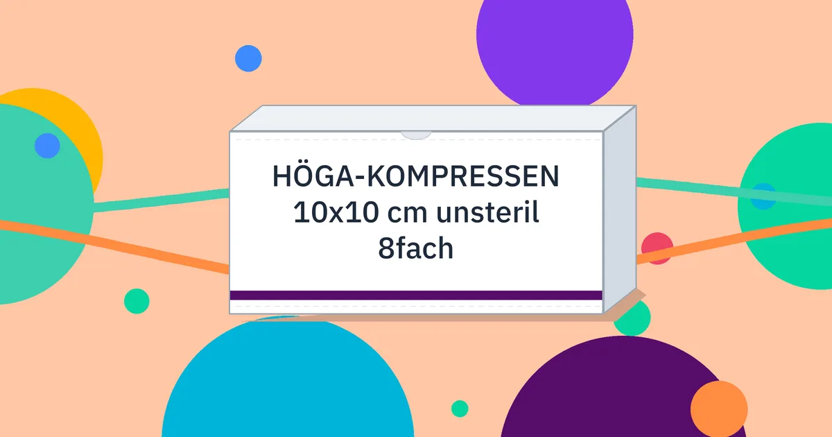 Symbolbild: Packung mit der Aufschrift HÖGA-KOMPRESSEN 10x10 cm unsteril 8fach (PZN 06885146) – Verfügbarkeit und Bezug in Apotheken in Frankfurt am Main