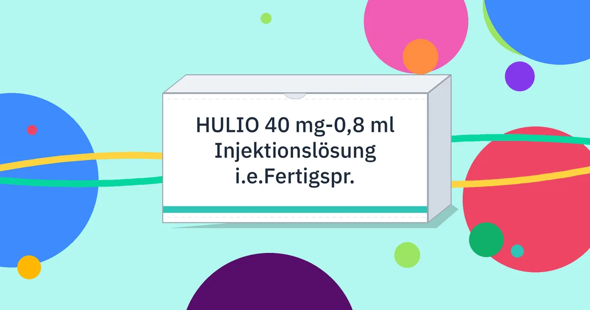 Symbolbild: Packung mit der Aufschrift HULIO 40 mg-0,8 ml Injektionslösung i.e.Fertigspr. (PZN 15817681) – Verfügbarkeit und Bezug in Apotheken in Frankfurt am Main