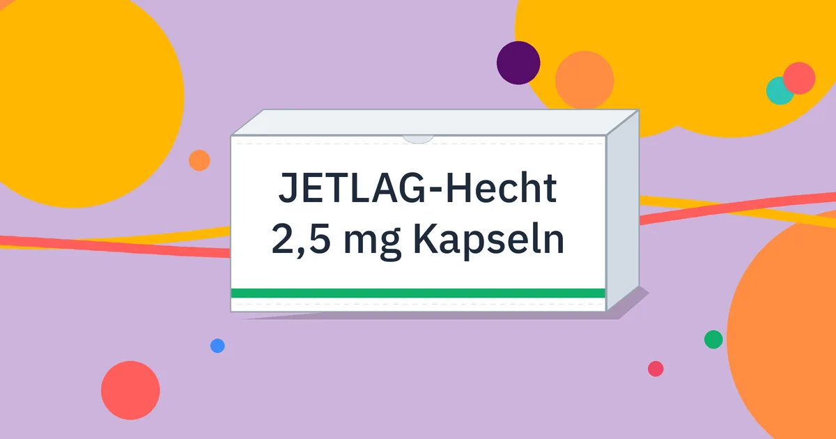 Symbolbild: Packung mit der Aufschrift JETLAG-Hecht 2,5 mg Kapseln (PZN 08882459) – Verfügbarkeit und Bezug in Apotheken in Frankfurt am Main