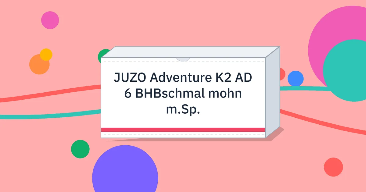 Symbolbild: Packung mit der Aufschrift JUZO Adventure K2 AD 6 BHBschmal mohn m.Sp. (PZN 15497236) – Verfügbarkeit und Bezug in Apotheken in Frankfurt am Main