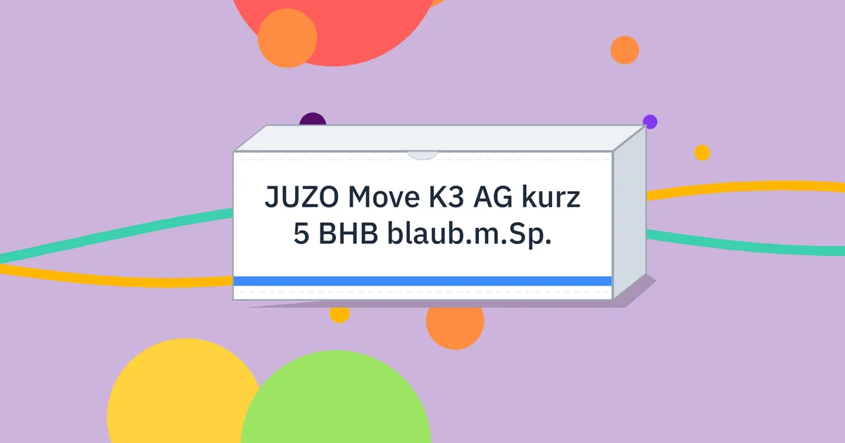 Symbolbild: Packung mit der Aufschrift JUZO Move K3 AG kurz 5 BHB blaub.m.Sp. (PZN 18591438) – Verfügbarkeit und Bezug in Apotheken in Frankfurt am Main