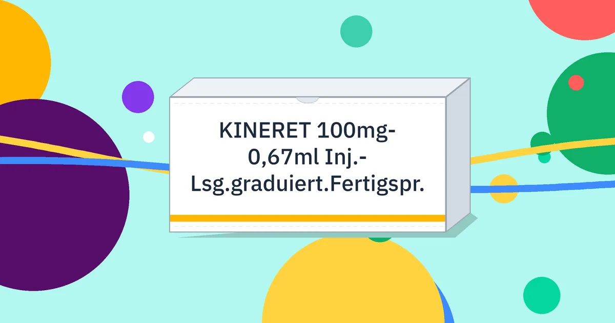 Symbolbild: Packung mit der Aufschrift KINERET 100mg-0,67ml Inj.-Lsg.graduiert.Fertigspr. (PZN 19892001) – Verfügbarkeit und Bezug in Apotheken in Frankfurt am Main