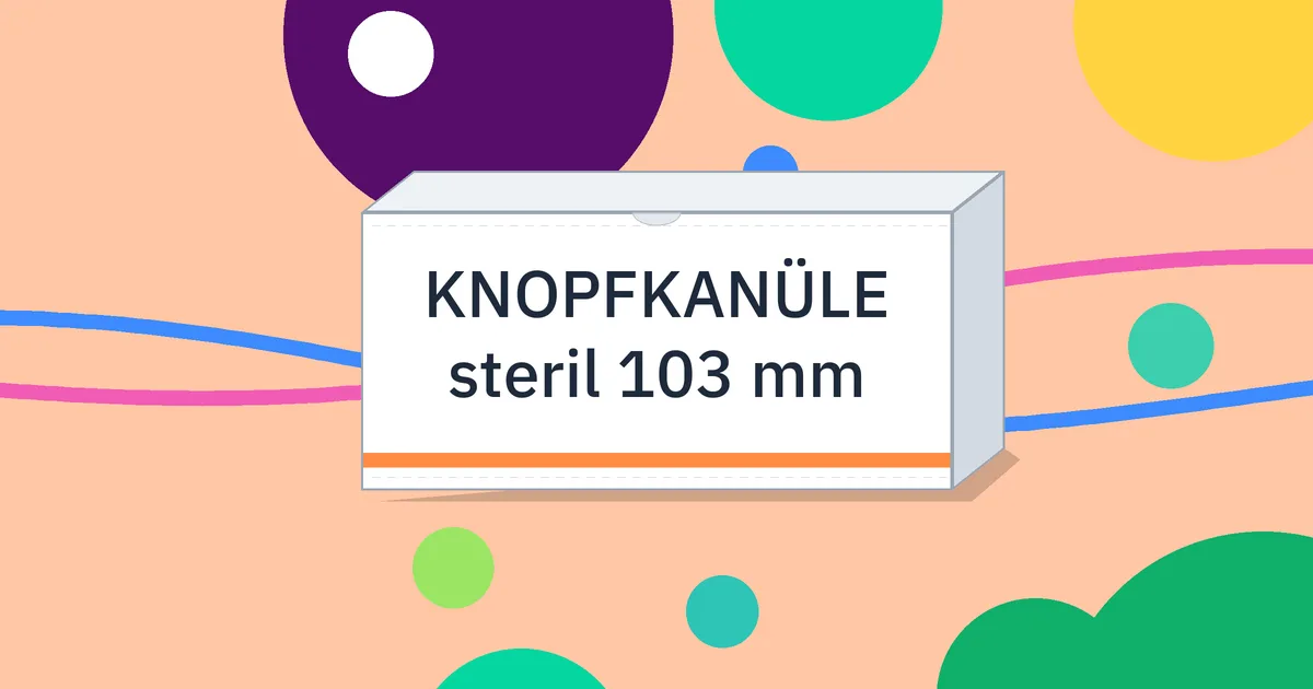 Symbolbild: Packung mit der Aufschrift KNOPFKANÜLE steril 103 mm (PZN 16778776) – Verfügbarkeit und Bezug in Apotheken in Frankfurt am Main