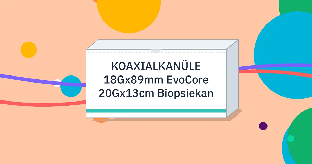 Symbolbild: Packung mit der Aufschrift KOAXIALKANÜLE 18Gx89mm EvoCore 20Gx13cm Biopsiekan (PZN 11059396) – Verfügbarkeit und Bezug in Apotheken in Frankfurt am Main