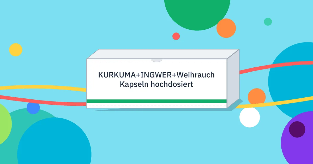 Symbolbild: Packung mit der Aufschrift KURKUMA+INGWER+Weihrauch Kapseln hochdosiert (PZN 17975409) – Verfügbarkeit und Bezug in Apotheken in Frankfurt am Main