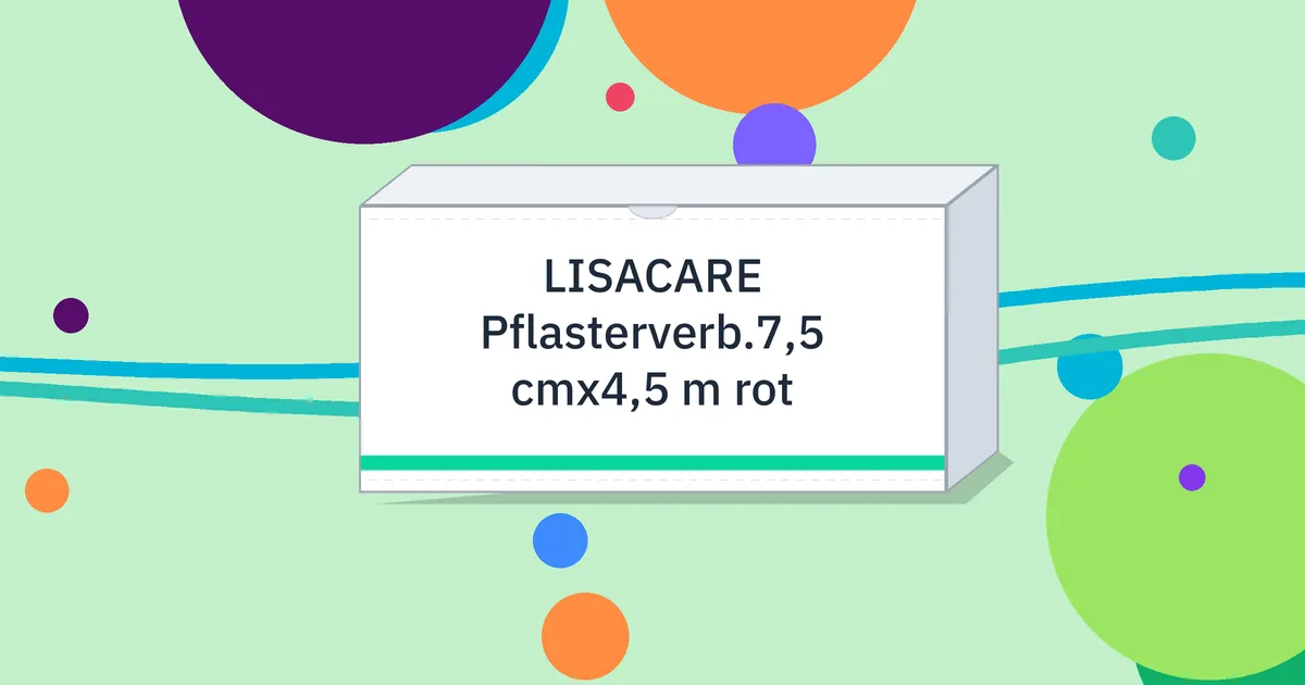 Symbolbild: Packung mit der Aufschrift LISACARE Pflasterverb.7,5 cmx4,5 m rot (PZN 17892557) – Verfügbarkeit und Bezug in Apotheken in Frankfurt am Main