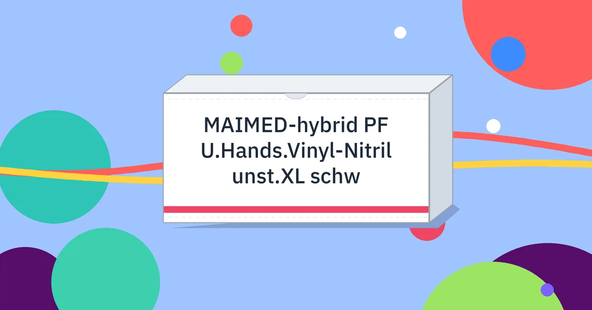 Symbolbild: Packung mit der Aufschrift MAIMED-hybrid PF U.Hands.Vinyl-Nitril unst.XL schw (PZN 17955660) – Verfügbarkeit und Bezug in Apotheken in Frankfurt am Main