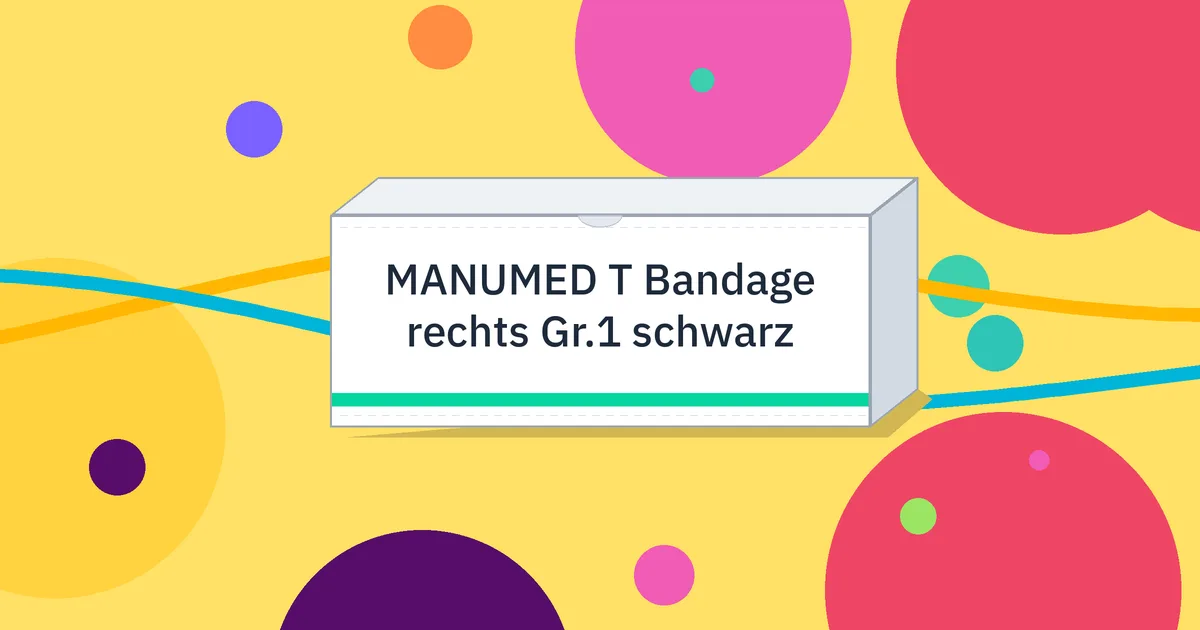 Symbolbild: Packung mit der Aufschrift MANUMED T Bandage rechts Gr.1 schwarz (PZN 15314276) – Verfügbarkeit und Bezug in Apotheken in Frankfurt am Main