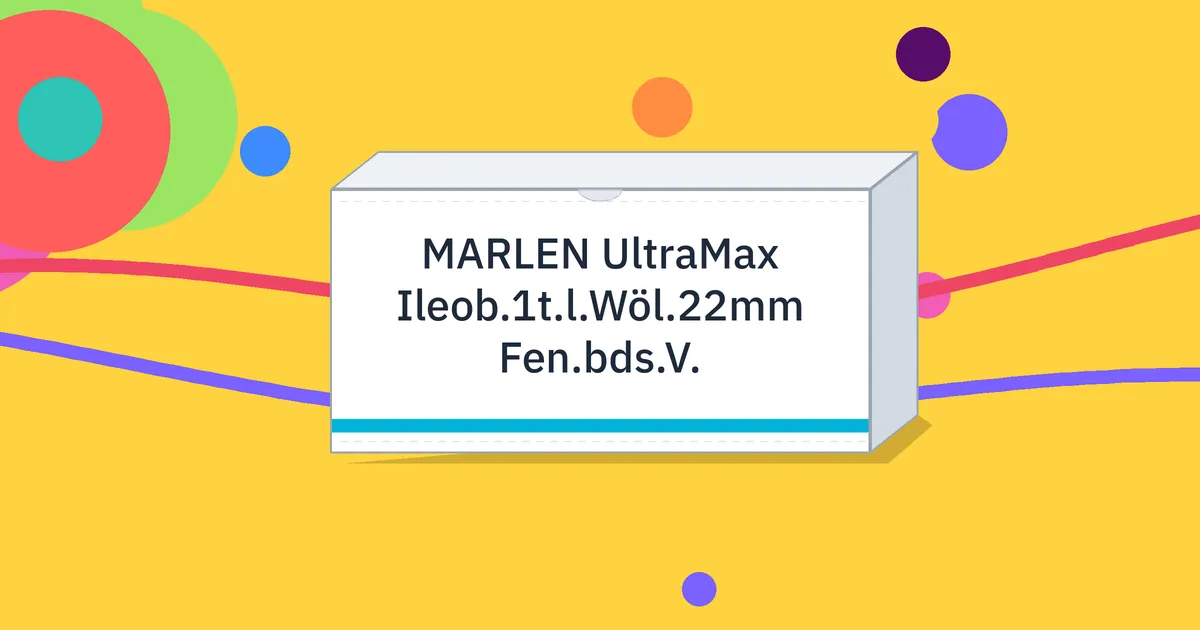 Symbolbild: Packung mit der Aufschrift MARLEN UltraMax Ileob.1t.l.Wöl.22mm Fen.bds.V. (PZN 05354412) – Verfügbarkeit und Bezug in Apotheken in Frankfurt am Main