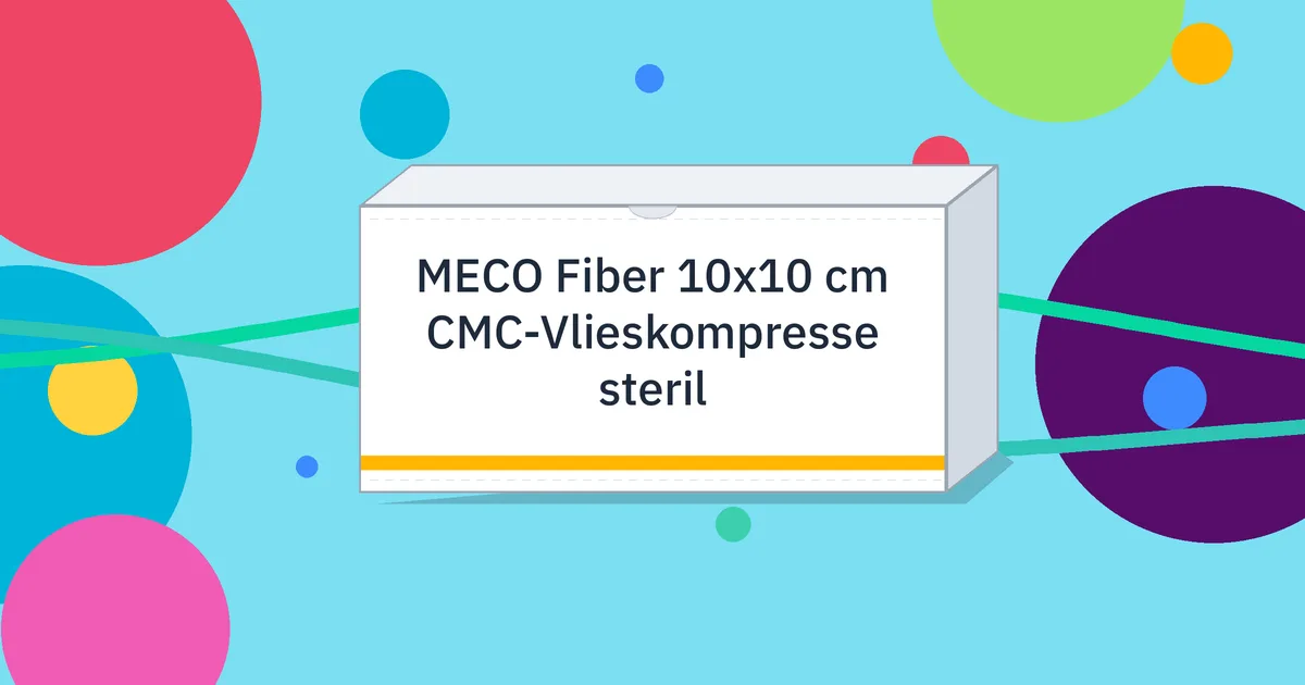 Symbolbild: Packung mit der Aufschrift MECO Fiber 10x10 cm CMC-Vlieskompresse steril (PZN 16820426) – Verfügbarkeit und Bezug in Apotheken in Frankfurt am Main