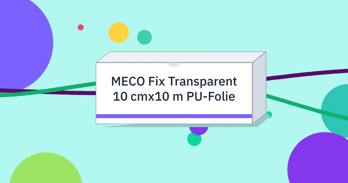 Symbolbild: Packung mit der Aufschrift MECO Fix Transparent 10 cmx10 m PU-Folie (PZN 18388430) – Verfügbarkeit und Bezug in Apotheken in Frankfurt am Main