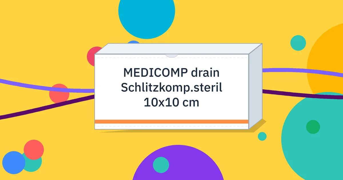 Symbolbild: Packung mit der Aufschrift MEDICOMP drain Schlitzkomp.steril 10x10 cm (PZN 12593790) – Verfügbarkeit und Bezug in Apotheken in Frankfurt am Main