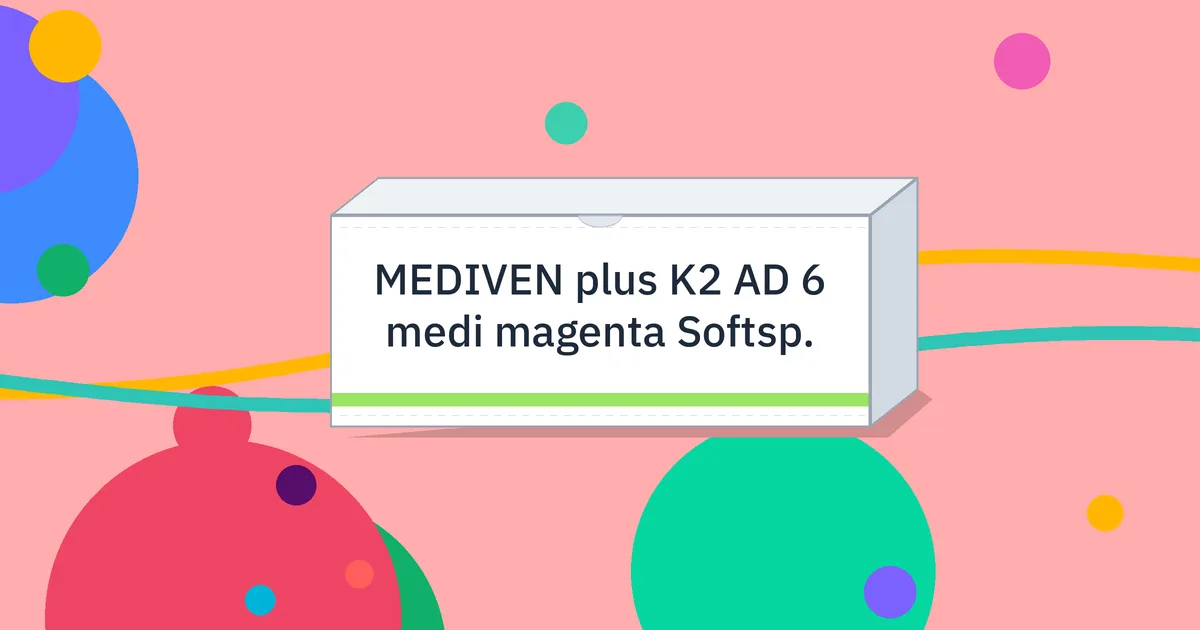 Symbolbild: Packung mit der Aufschrift MEDIVEN plus K2 AD 6 medi magenta Softsp. (PZN 15093438) – Verfügbarkeit und Bezug in Apotheken in Frankfurt am Main