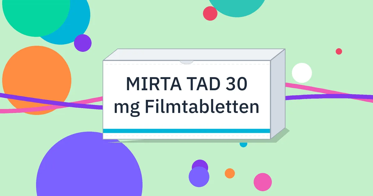 Symbolbild: Packung mit der Aufschrift MIRTA TAD 30 mg Filmtabletten (PZN 18192885) – Verfügbarkeit und Bezug in Apotheken in Frankfurt am Main