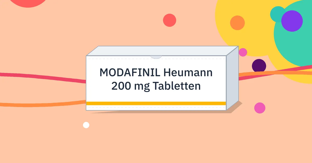 Symbolbild: Packung mit der Aufschrift MODAFINIL Heumann 200 mg Tabletten (PZN 14403428) – Verfügbarkeit und Bezug in Apotheken in Frankfurt am Main