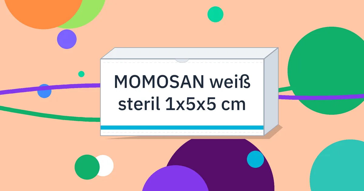 Symbolbild: Packung mit der Aufschrift MOMOSAN weiß steril 1x5x5 cm (PZN 02408449) – Verfügbarkeit und Bezug in Apotheken in Frankfurt am Main