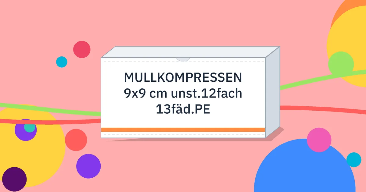 Symbolbild: Packung mit der Aufschrift MULLKOMPRESSEN 9x9 cm unst.12fach 13fäd.PE (PZN 06928393) – Verfügbarkeit und Bezug in Apotheken in Frankfurt am Main