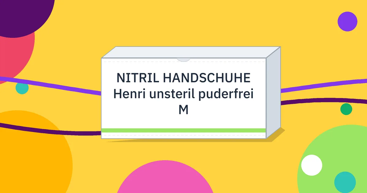 Symbolbild: Packung mit der Aufschrift NITRIL HANDSCHUHE Henri unsteril puderfrei M (PZN 20302996) – Verfügbarkeit und Bezug in Apotheken in Frankfurt am Main