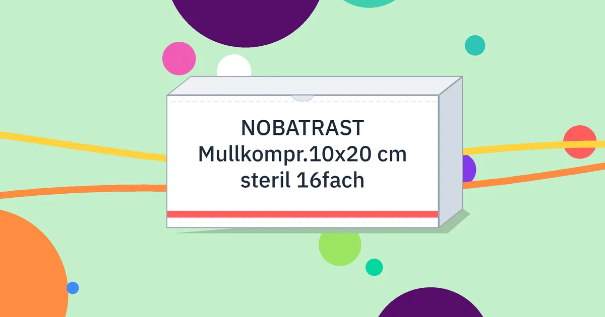 Symbolbild: Packung mit der Aufschrift NOBATRAST Mullkompr.10x20 cm steril 16fach (PZN 08849002) – Verfügbarkeit und Bezug in Apotheken in Frankfurt am Main