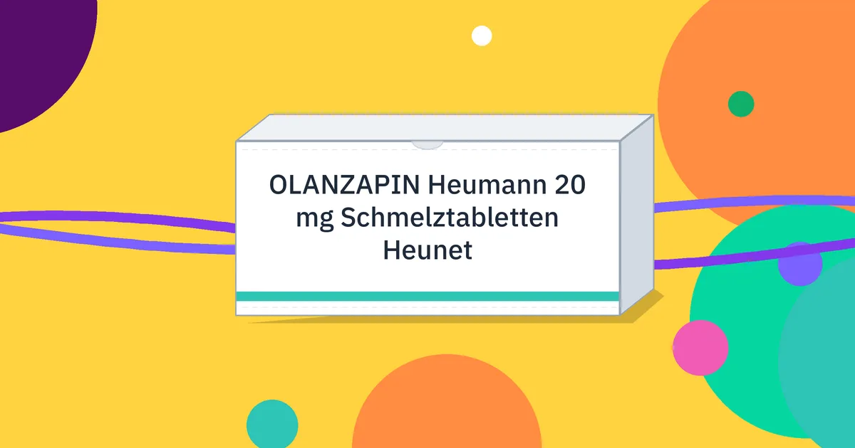 Symbolbild: Packung mit der Aufschrift OLANZAPIN Heumann 20 mg Schmelztabletten Heunet (PZN 09100223) – Verfügbarkeit und Bezug in Apotheken in Frankfurt am Main