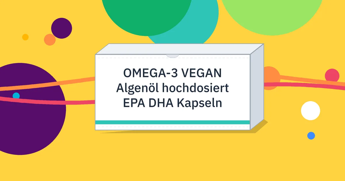 Symbolbild: Packung mit der Aufschrift OMEGA-3 VEGAN Algenöl hochdosiert EPA DHA Kapseln (PZN 19065580) – Verfügbarkeit und Bezug in Apotheken in Frankfurt am Main