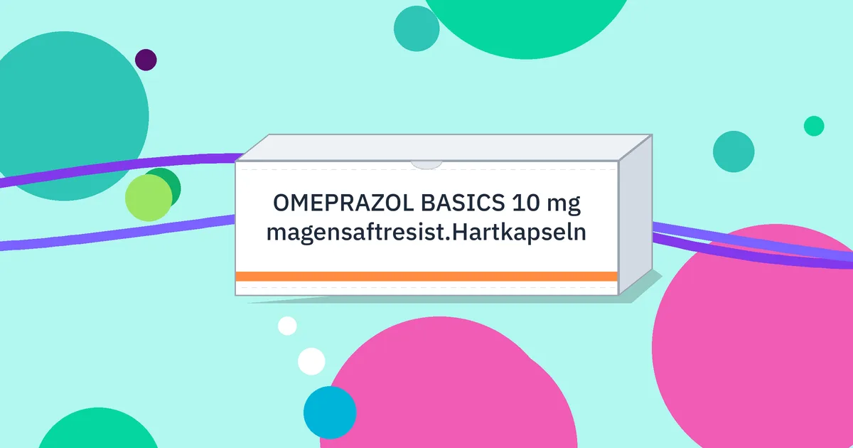 Symbolbild: Packung mit der Aufschrift OMEPRAZOL BASICS 10 mg magensaftresist.Hartkapseln (PZN 13234679) – Verfügbarkeit und Bezug in Apotheken in Frankfurt am Main