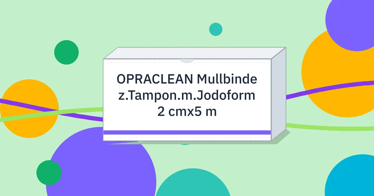 Symbolbild: Packung mit der Aufschrift OPRACLEAN Mullbinde z.Tampon.m.Jodoform 2 cmx5 m (PZN 16926136) – Verfügbarkeit und Bezug in Apotheken in Frankfurt am Main
