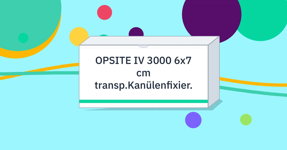 Symbolbild: Packung mit der Aufschrift OPSITE IV 3000 6x7 cm transp.Kanülenfixier. (PZN 01403579) – Verfügbarkeit und Bezug in Apotheken in Frankfurt am Main
