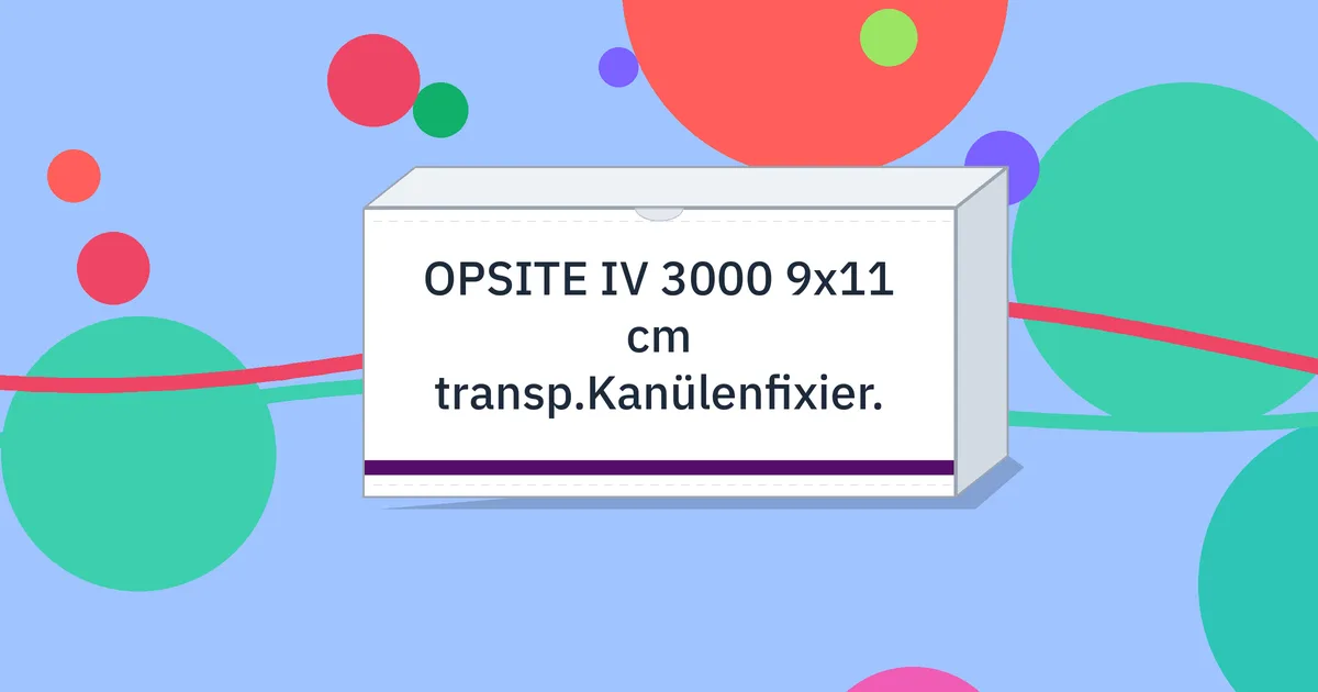Symbolbild: Packung mit der Aufschrift OPSITE IV 3000 9x11 cm transp.Kanülenfixier. (PZN 07776459) – Verfügbarkeit und Bezug in Apotheken in Frankfurt am Main