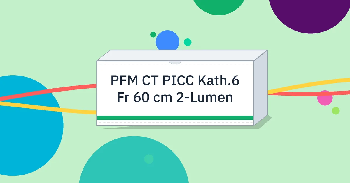 Symbolbild: Packung mit der Aufschrift PFM CT PICC Kath.6 Fr 60 cm 2-Lumen (PZN 11165678) – Verfügbarkeit und Bezug in Apotheken in Frankfurt am Main