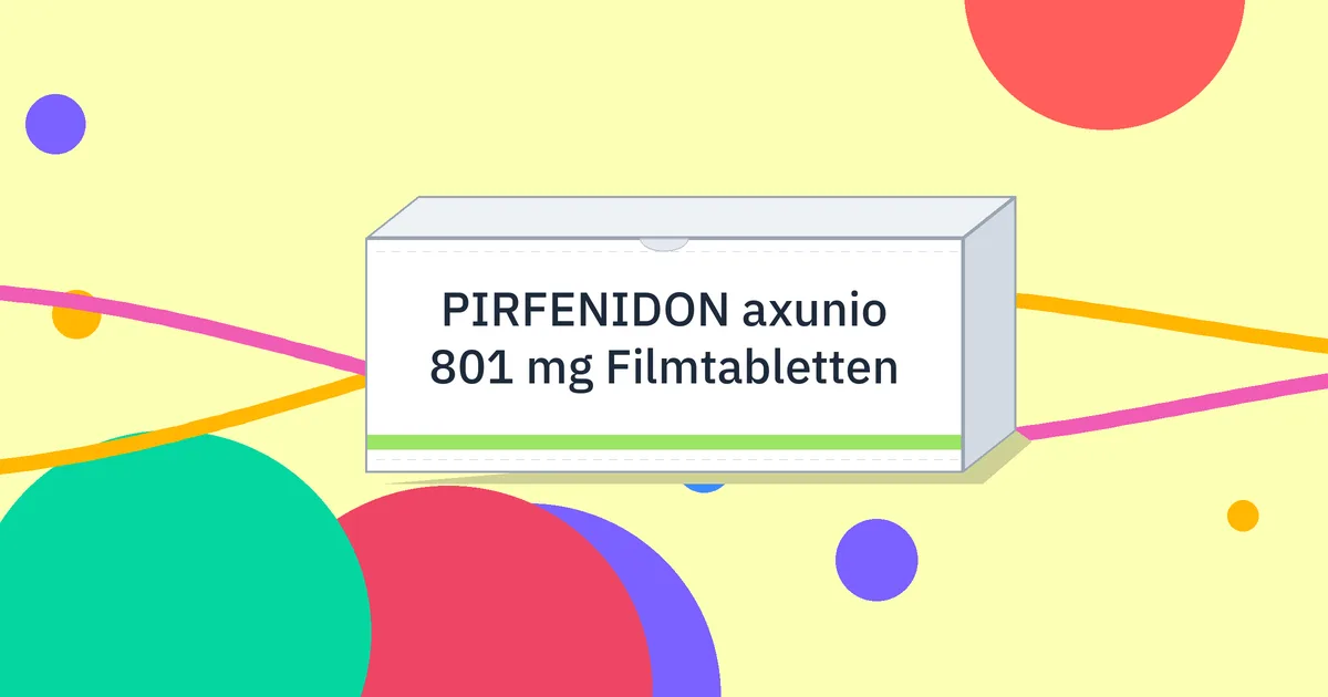 Symbolbild: Packung mit der Aufschrift PIRFENIDON axunio 801 mg Filmtabletten (PZN 18097572) – Verfügbarkeit und Bezug in Apotheken in Frankfurt am Main