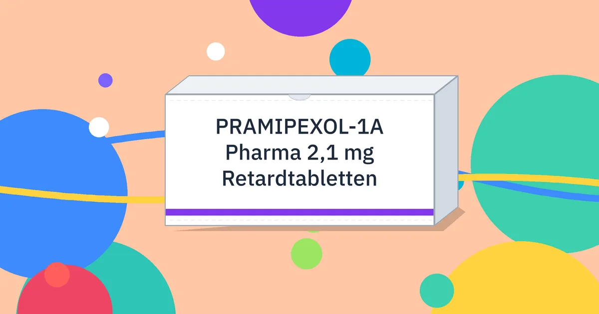 Symbolbild: Packung mit der Aufschrift PRAMIPEXOL-1A Pharma 2,1 mg Retardtabletten (PZN 07604356) – Verfügbarkeit und Bezug in Apotheken in Frankfurt am Main