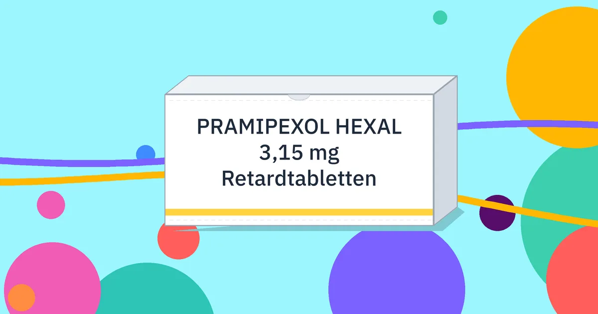 Symbolbild: Packung mit der Aufschrift PRAMIPEXOL HEXAL 3,15 mg Retardtabletten (PZN 08455131) – Verfügbarkeit und Bezug in Apotheken in Frankfurt am Main