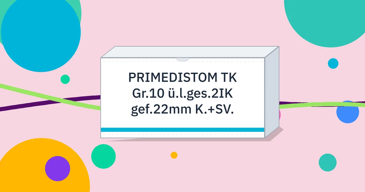 Symbolbild: Packung mit der Aufschrift PRIMEDISTOM TK Gr.10 ü.l.ges.2IK gef.22mm K.+SV. (PZN 10928594) – Verfügbarkeit und Bezug in Apotheken in Frankfurt am Main