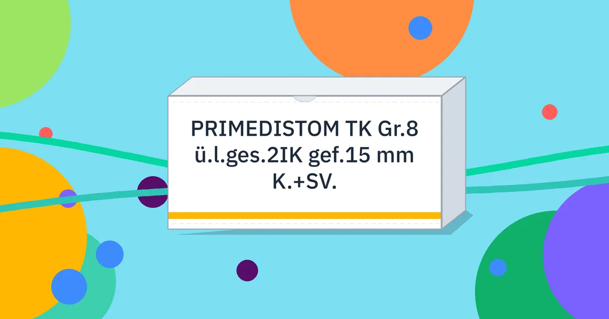 Symbolbild: Packung mit der Aufschrift PRIMEDISTOM TK Gr.8 ü.l.ges.2IK gef.15 mm K.+SV. (PZN 10928683) – Verfügbarkeit und Bezug in Apotheken in Frankfurt am Main