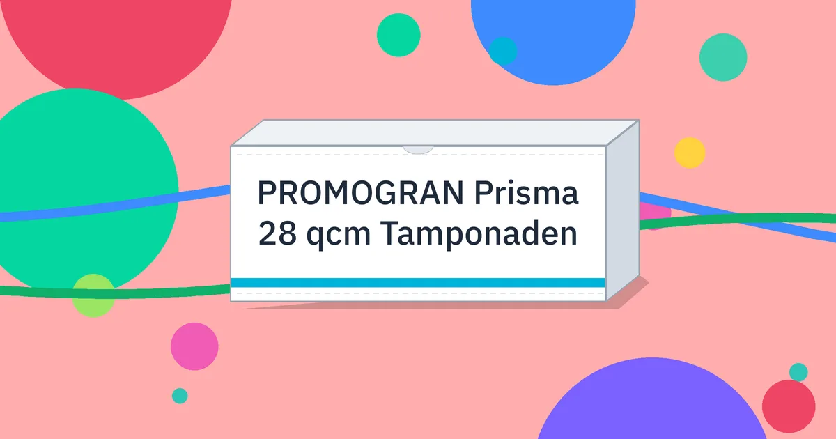 Symbolbild: Packung mit der Aufschrift PROMOGRAN Prisma 28 qcm Tamponaden (PZN 17282652) – Verfügbarkeit und Bezug in Apotheken in Frankfurt am Main