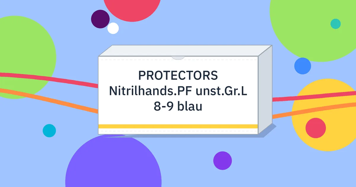Symbolbild: Packung mit der Aufschrift PROTECTORS Nitrilhands.PF unst.Gr.L 8-9 blau (PZN 04683898) – Verfügbarkeit und Bezug in Apotheken in Frankfurt am Main