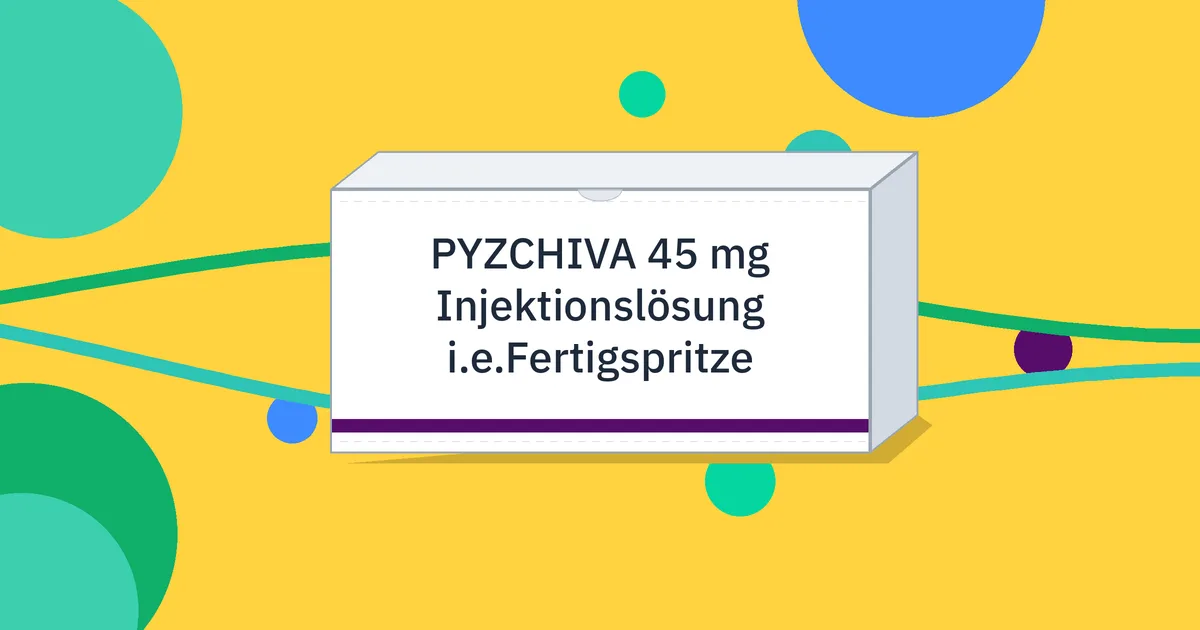 Symbolbild: Packung mit der Aufschrift PYZCHIVA 45 mg Injektionslösung i.e.Fertigspritze (PZN 19542844) – Verfügbarkeit und Bezug in Apotheken in Frankfurt am Main