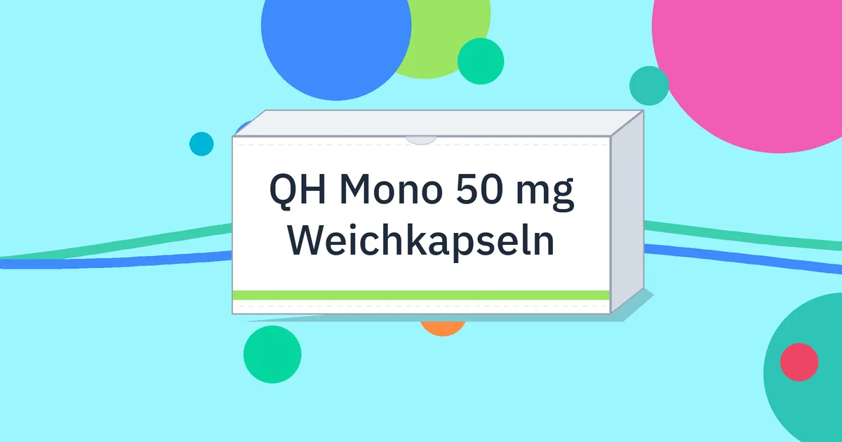 Symbolbild: Packung mit der Aufschrift QH Mono 50 mg Weichkapseln (PZN 15587100) – Verfügbarkeit und Bezug in Apotheken in Frankfurt am Main