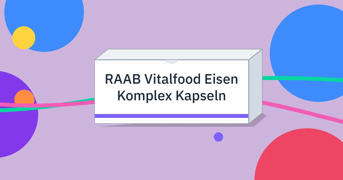 Symbolbild: Packung mit der Aufschrift RAAB Vitalfood Eisen Komplex Kapseln (PZN 19304961) – Verfügbarkeit und Bezug in Apotheken in Frankfurt am Main