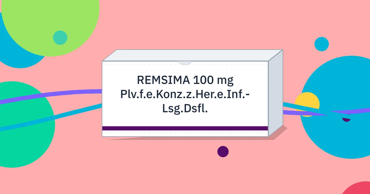 Symbolbild: Packung mit der Aufschrift REMSIMA 100 mg Plv.f.e.Konz.z.Her.e.Inf.-Lsg.Dsfl. (PZN 15658136) – Verfügbarkeit und Bezug in Apotheken in Frankfurt am Main