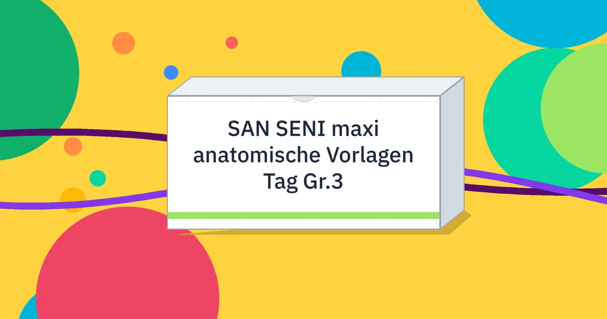Symbolbild: Packung mit der Aufschrift SAN SENI maxi anatomische Vorlagen Tag Gr.3 (PZN 01840682) – Verfügbarkeit und Bezug in Apotheken in Frankfurt am Main