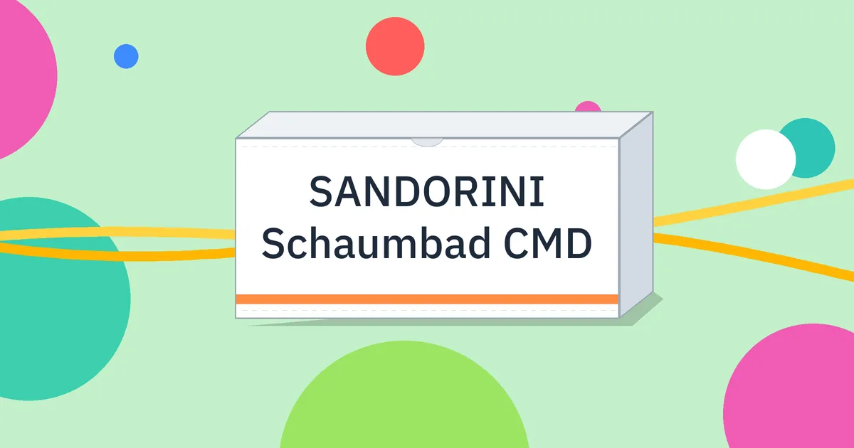 Symbolbild: Packung mit der Aufschrift SANDORINI Schaumbad CMD (PZN 10034276) – Verfügbarkeit und Bezug in Apotheken in Frankfurt am Main