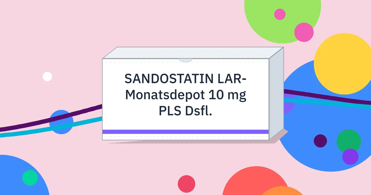 Symbolbild: Packung mit der Aufschrift SANDOSTATIN LAR-Monatsdepot 10 mg PLS Dsfl. (PZN 02434375) – Verfügbarkeit und Bezug in Apotheken in Frankfurt am Main